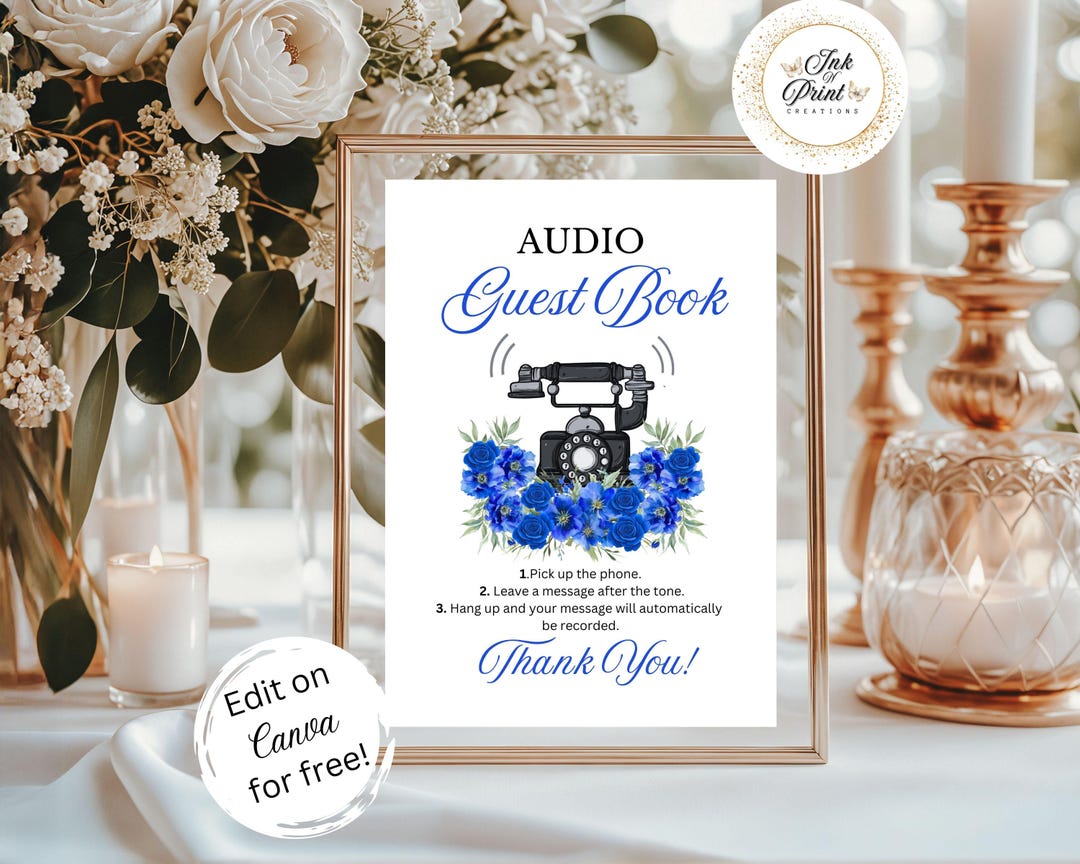 Audio Guest Book Sign: Royal Blue Floral Vintage Phone (printable Sign ...