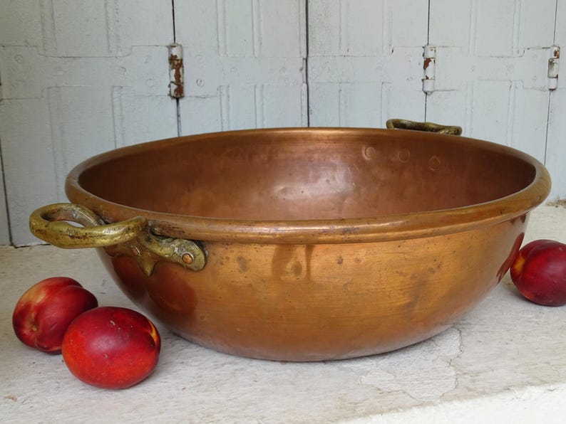17.5" Large Antique Copper Confiture Pan With Brass Handles, Copper Jam ...