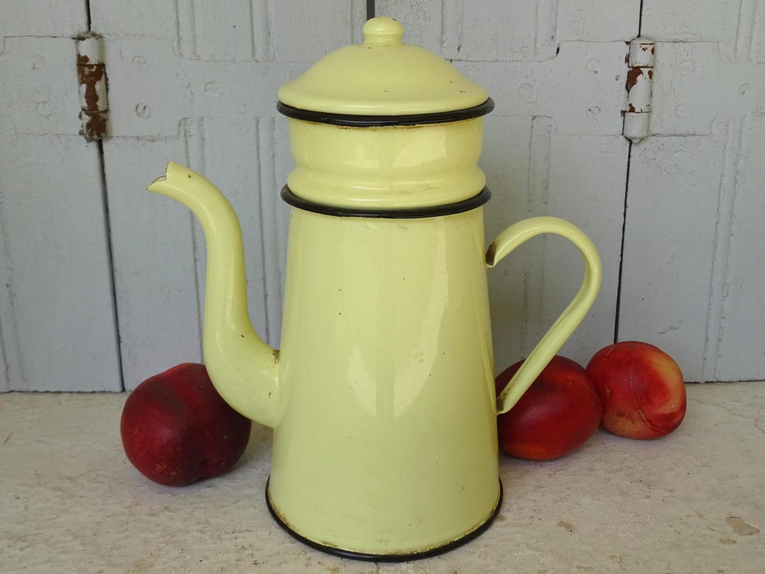 10" Vintage French Yellow Enamel Coffee Pot, Enamelware Percolator ...