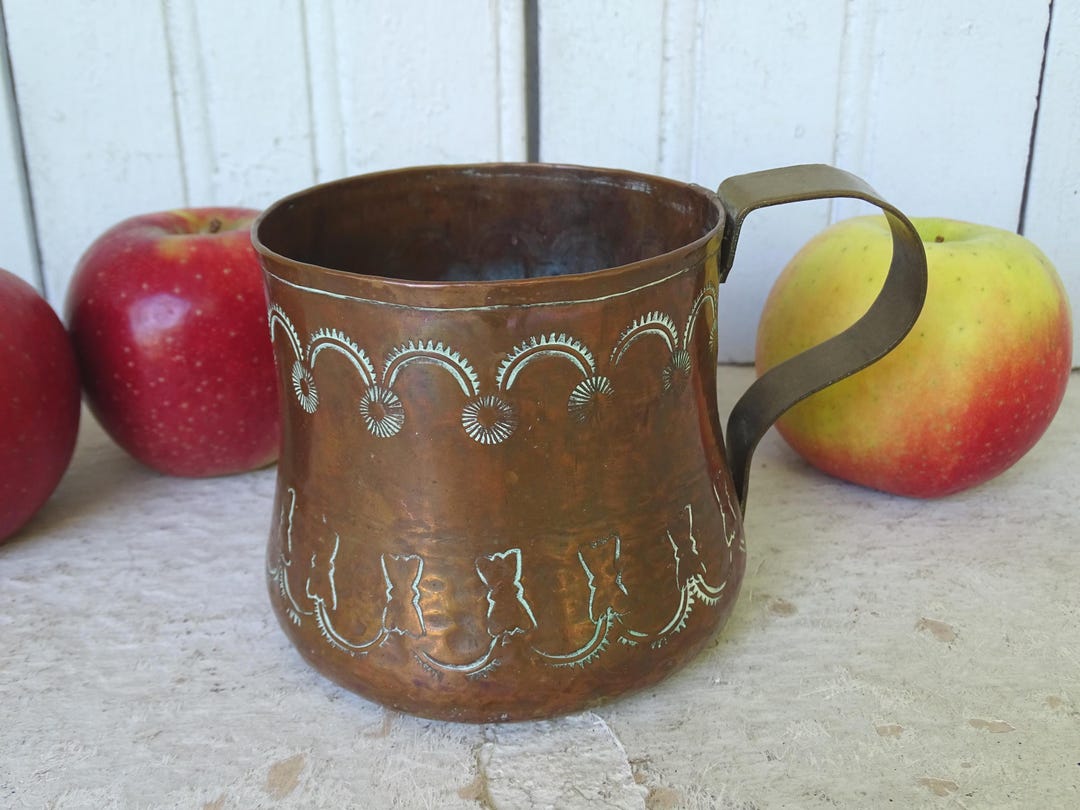 3.8" Antique Copper Tankard With Etched Design, Engraved Copper Mug ...