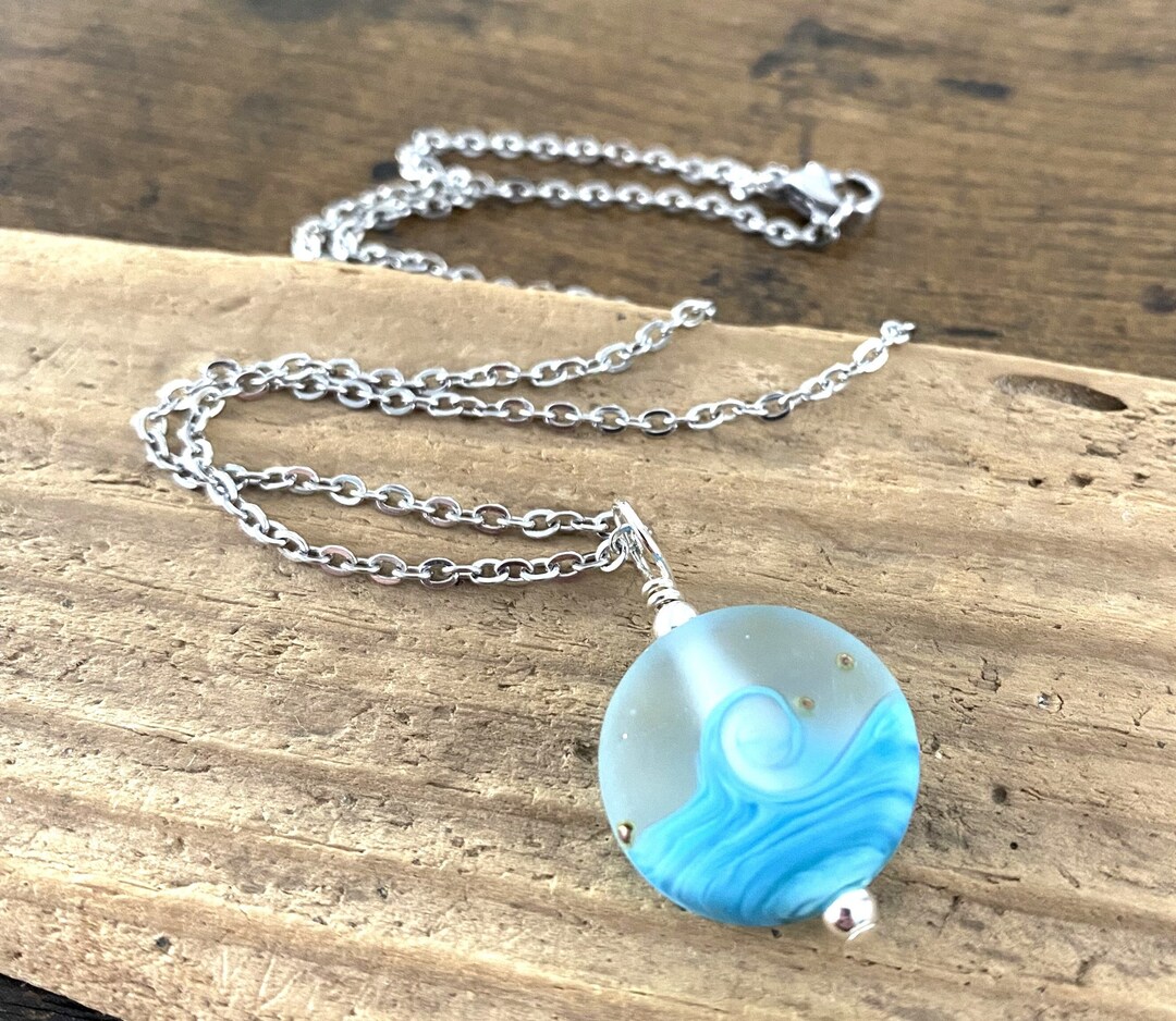Blue Beach Necklace, Wave Pendant, Ocean Necklace, Lampwork Necklace ...