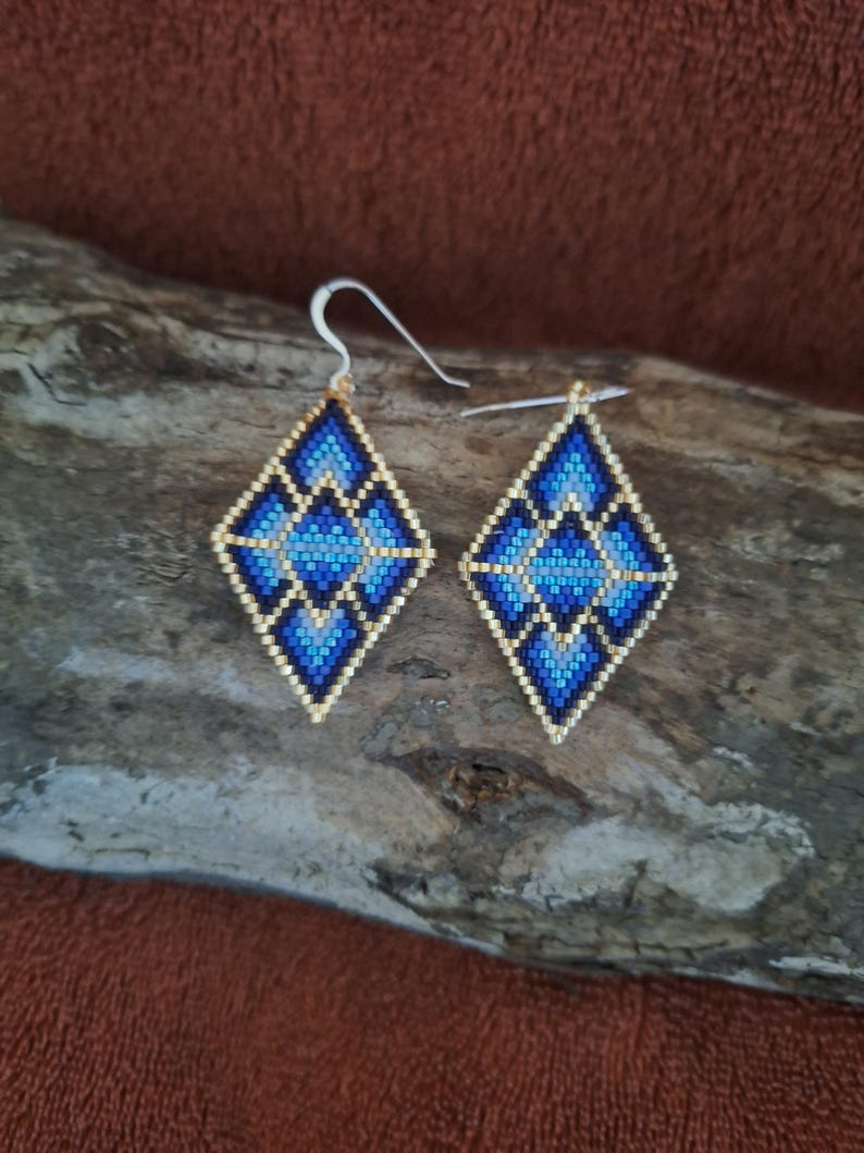 Gold&blues Diamond Pattern Delica Bead Earrings Handcrafted Sterling Silver Wires - Etsy