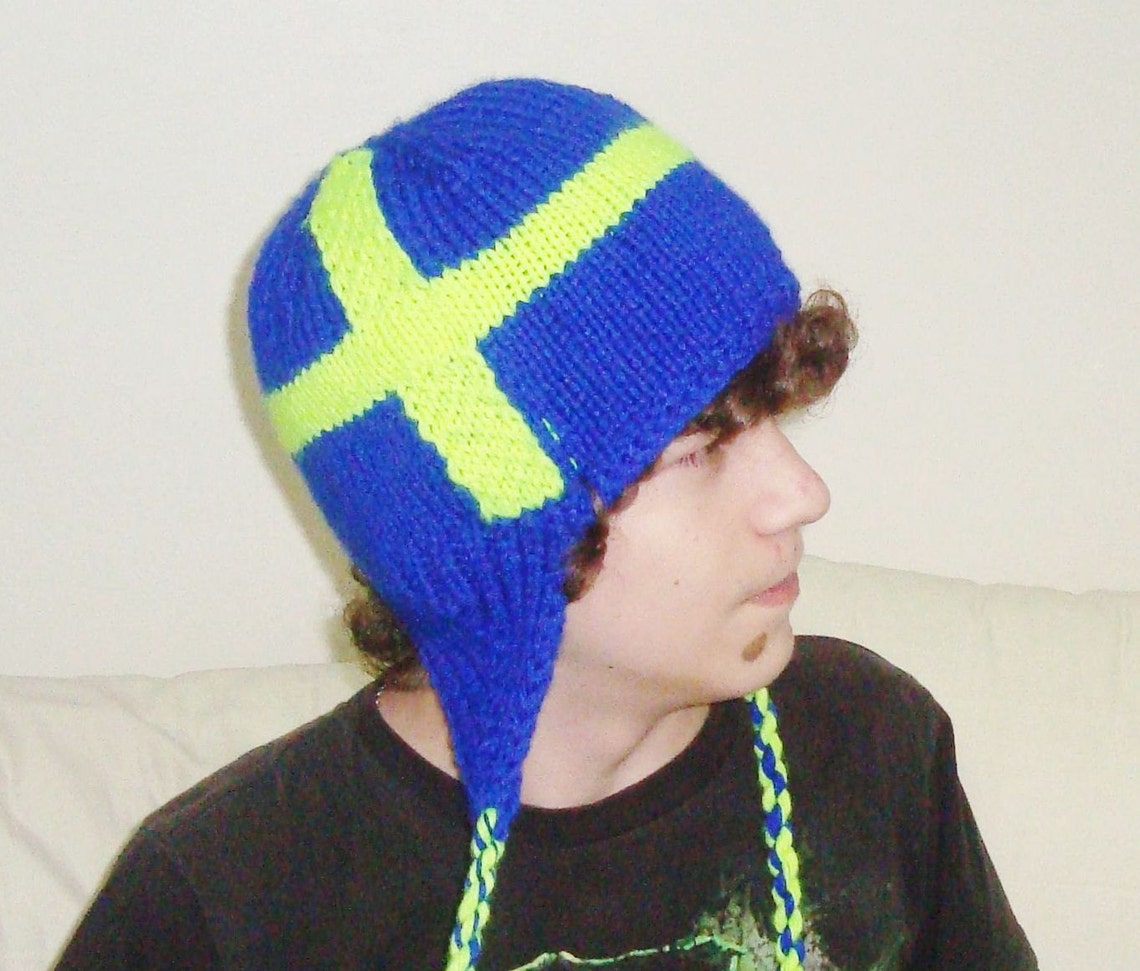 Sweden Flag Hat in Blue & Neon Yellow Hand Knit Hat Winter | Etsy
