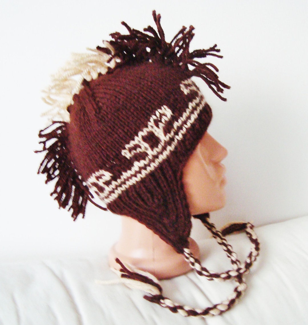 Hand Knit Hat Teen Mens Hat Mohawk Hat With Earflap in Brown Beige ...