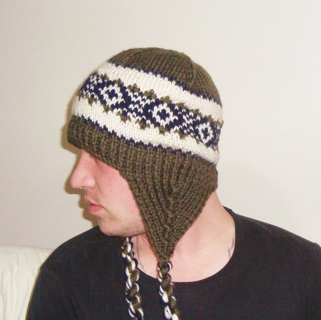 Mens Hat, Winter Hats, Ear Flap Hat, Earflap Hats Green Knit Male Green ...