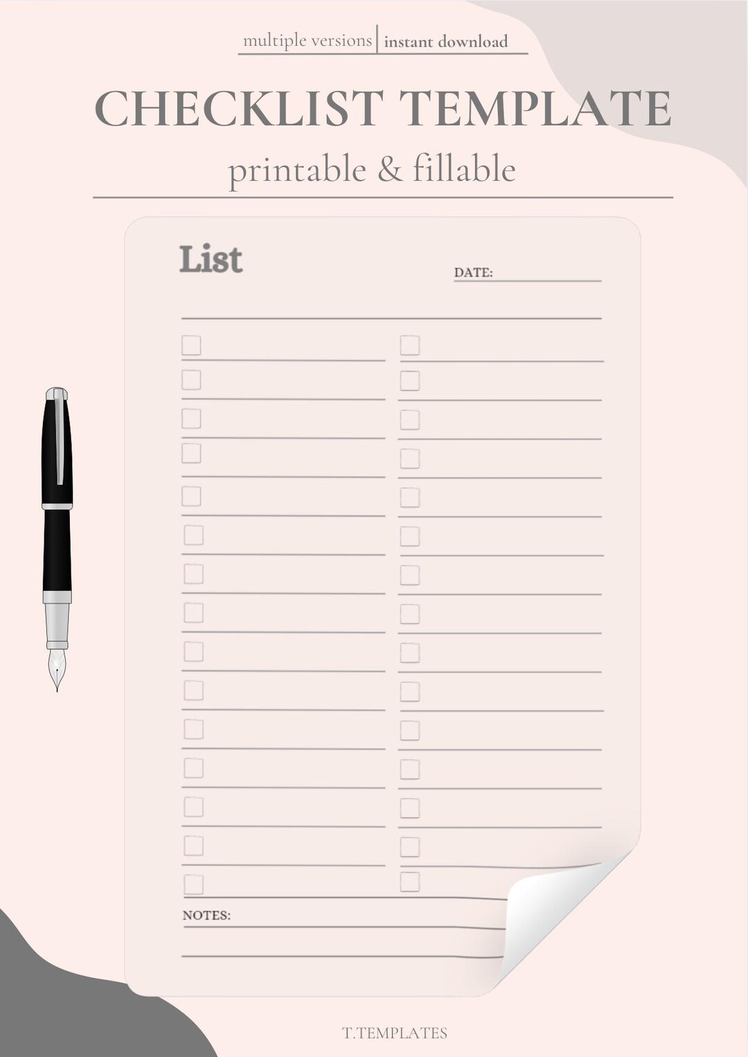 Printable Checklist Template,to-do List Planner,editable & Fillable Pdf ...