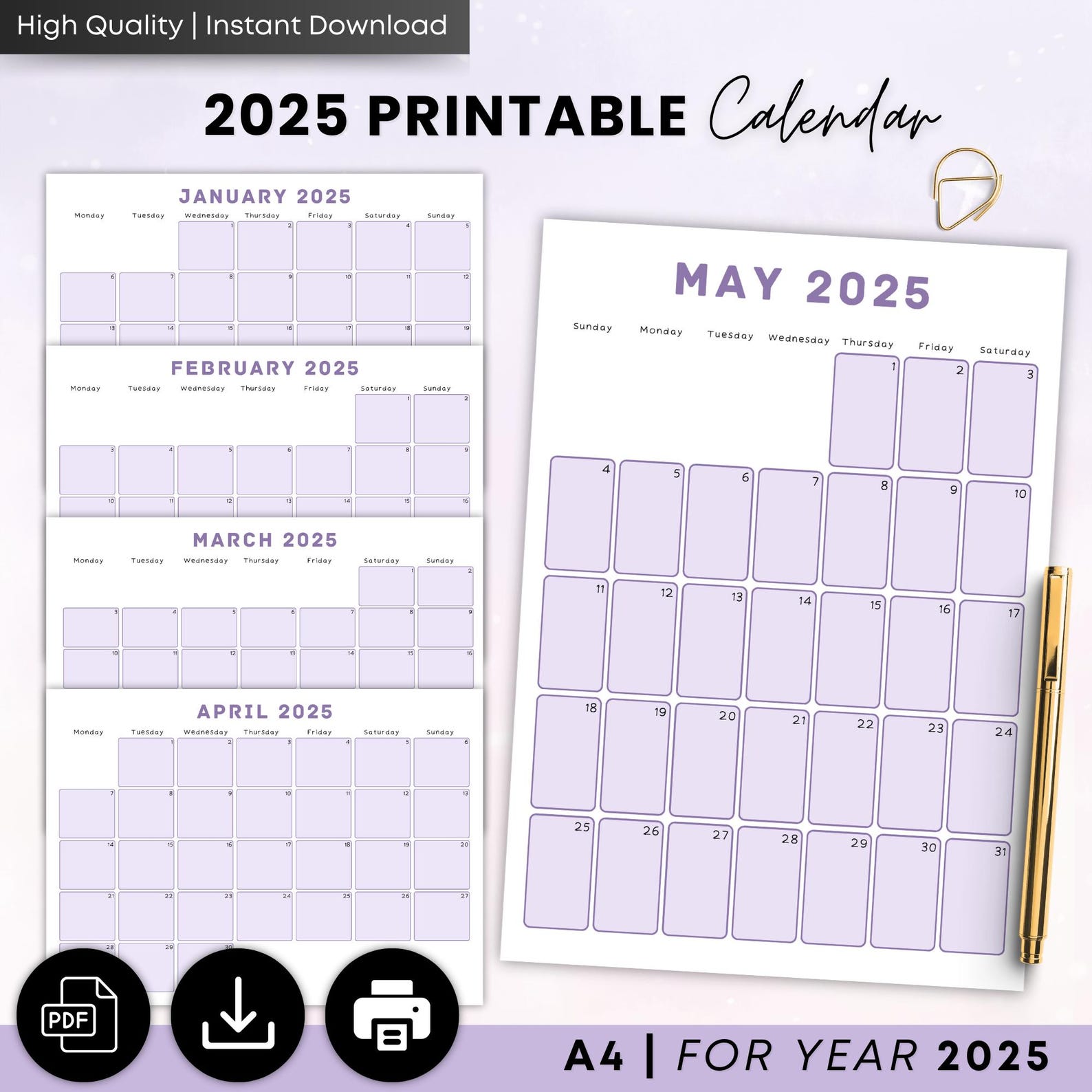 2025 Calendar Printable | Cute Purple Calendar | Editable Yearly ...