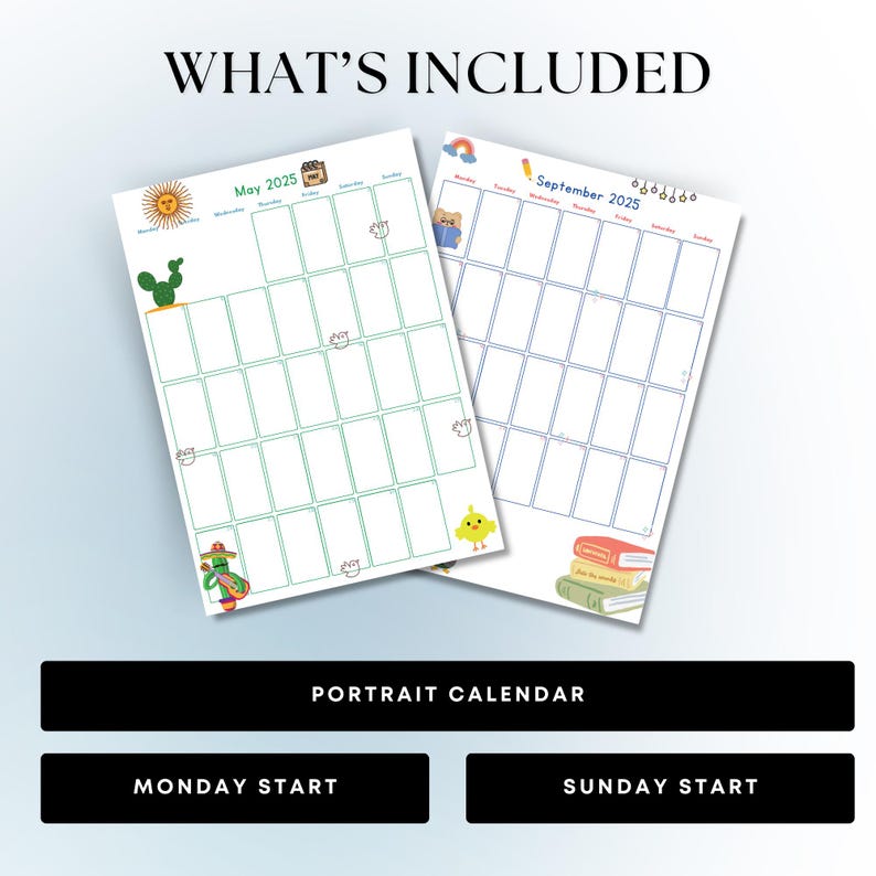 2025 2026 Printable Calendar | Cute Kids Calendar | Editable Yearly Planner | Portrait Wall ...