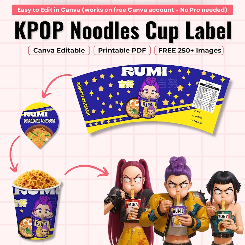 Kpop Demon Hunters Noodle Cup Labels, Cosplay Party Printable (canva ...