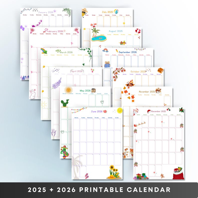 2025 2026 Printable Calendar | Cute Kids Calendar | Editable Yearly ...