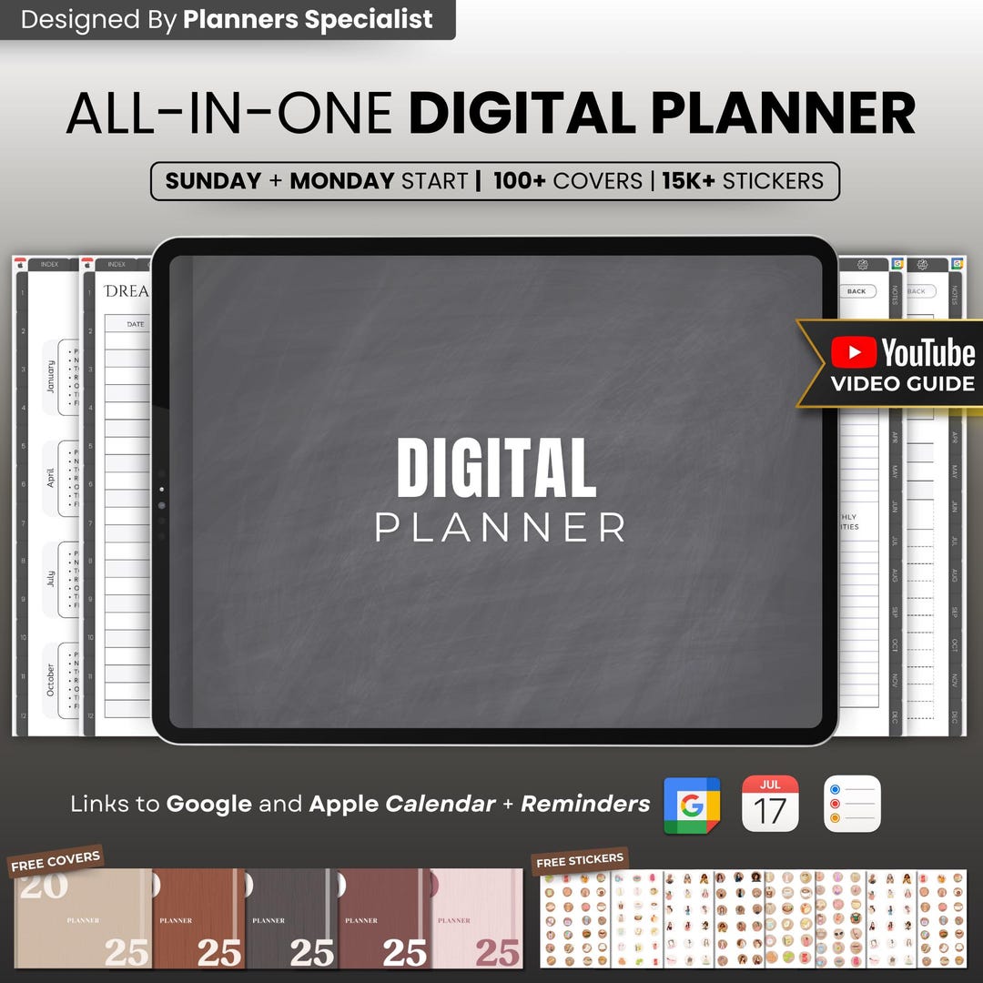 Dark Mode Digital Planner 2025 2026, Undated Black Paper iPad Planner ...