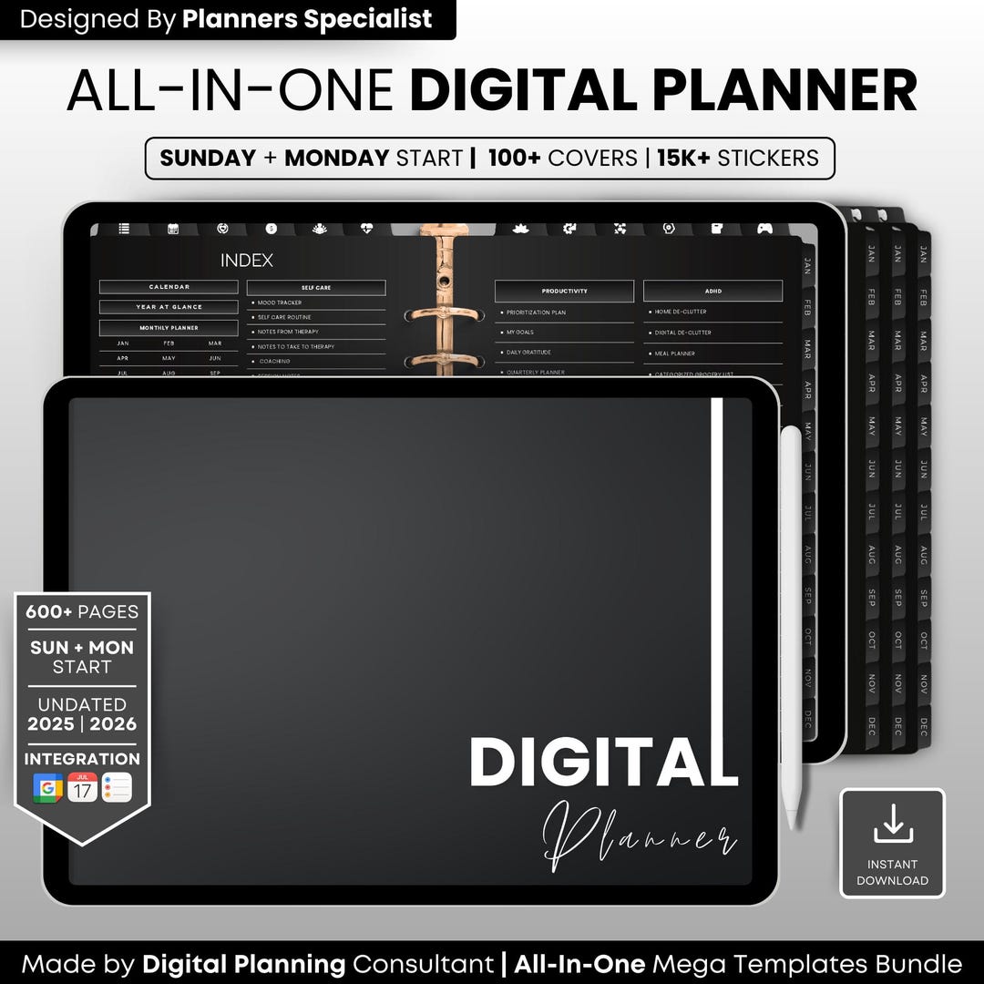 Dark Mode Digital Planner 2025 2026 Undated iPad Planner Goodnotes ...