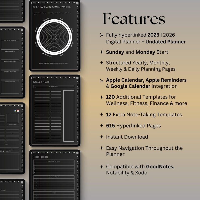 Dark Mode Digital Planner 2025 2026 Undated iPad Planner Goodnotes ...