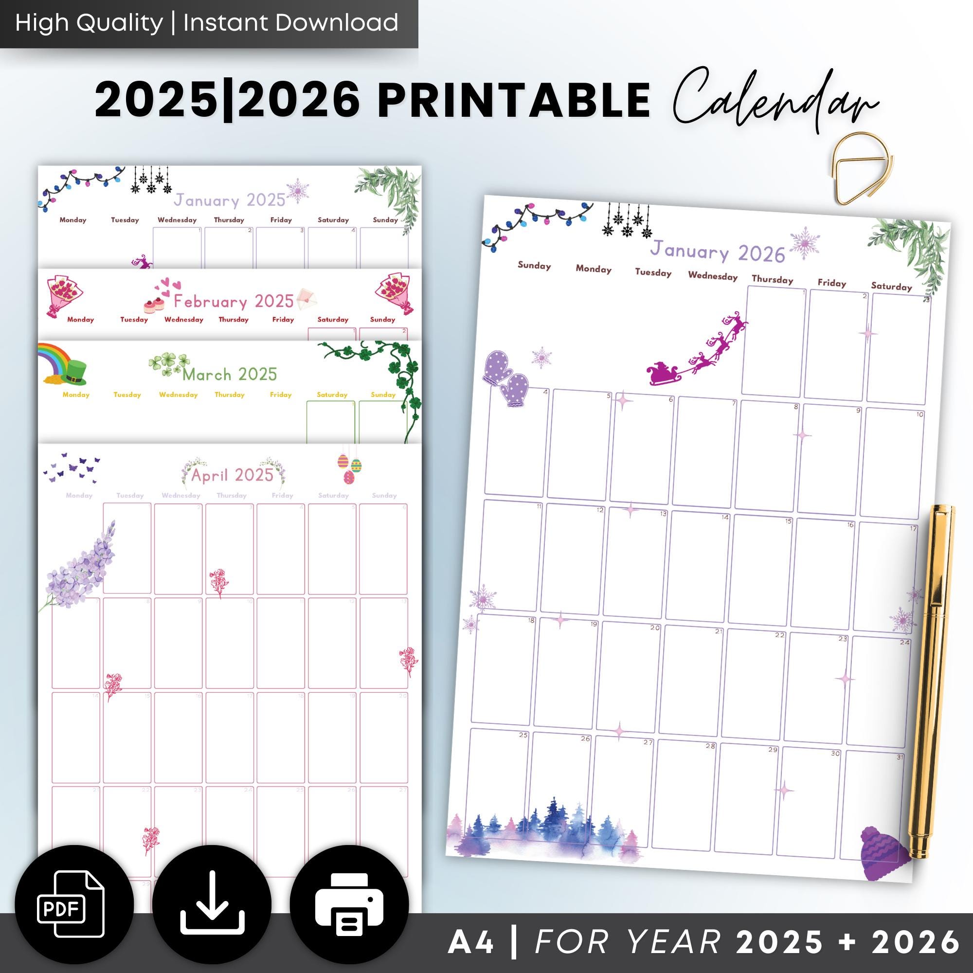 2025 2026 Printable Calendar | Cute Kids Calendar | Editable Yearly ...