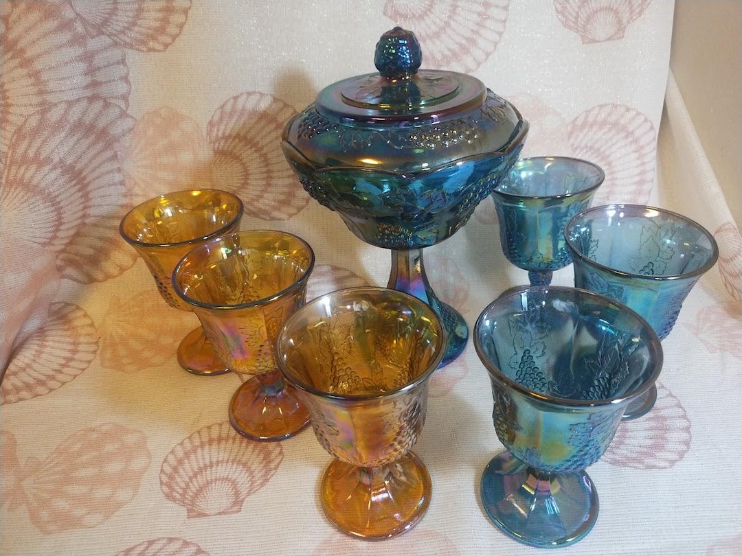 Vintage Carnival Glass Grape Pattern Goblets & Lidded Candy Dish Set ...