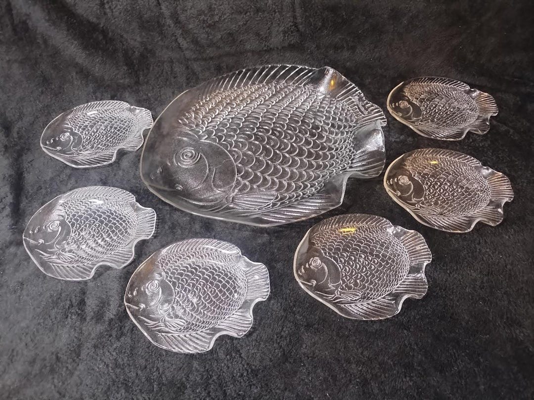 Vintage Clear Glass Fish Serving Platter & 6 Matching Plates Set - Etsy