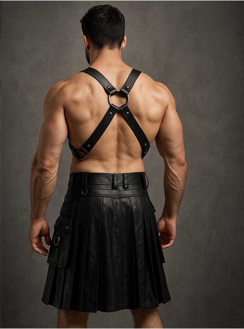 Leather Gladiator Kilt With Chest Harness – Handmade Black Utility Kilt ...