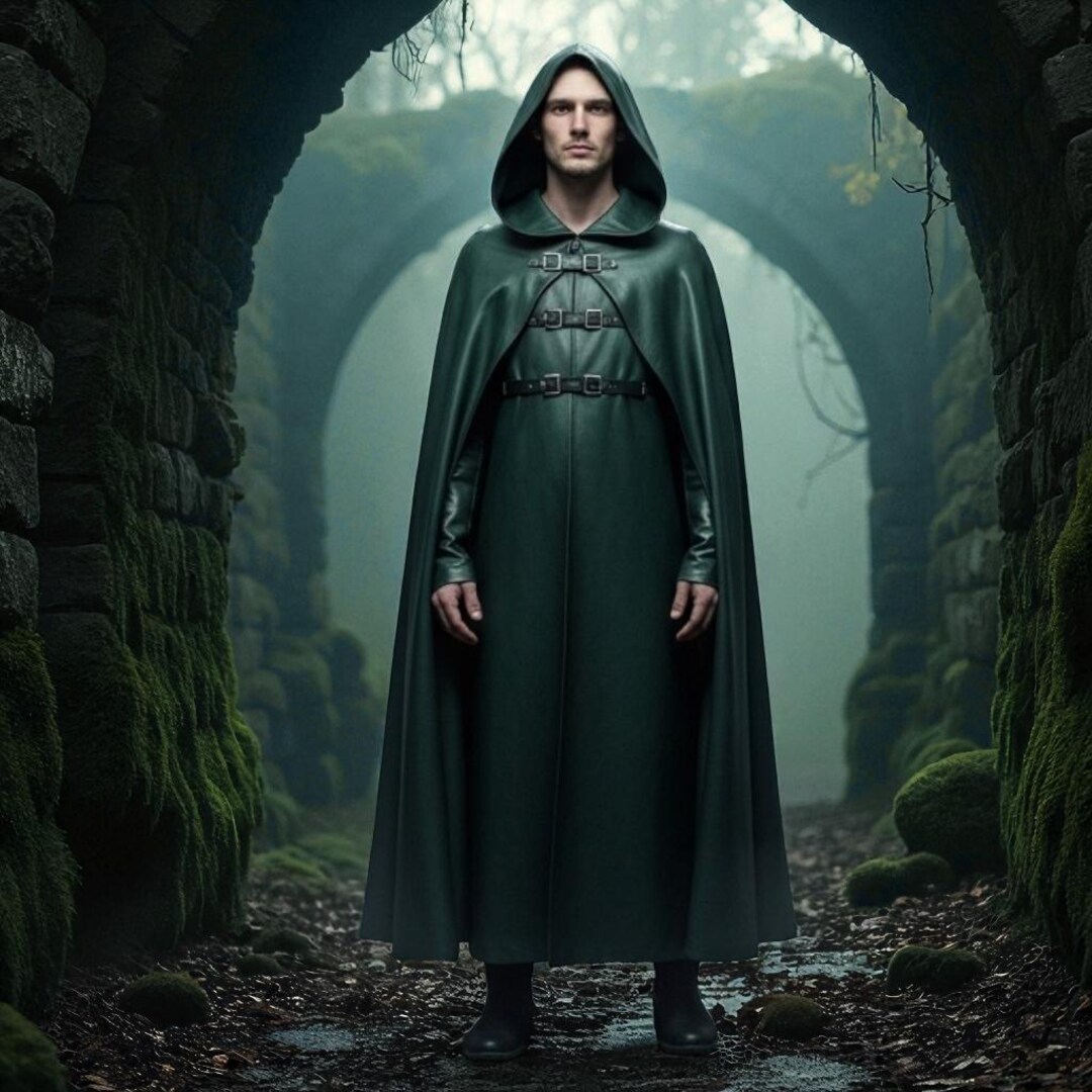 Handmade Green Leather Hooded Cloak: Gothic Medieval Costume - Etsy