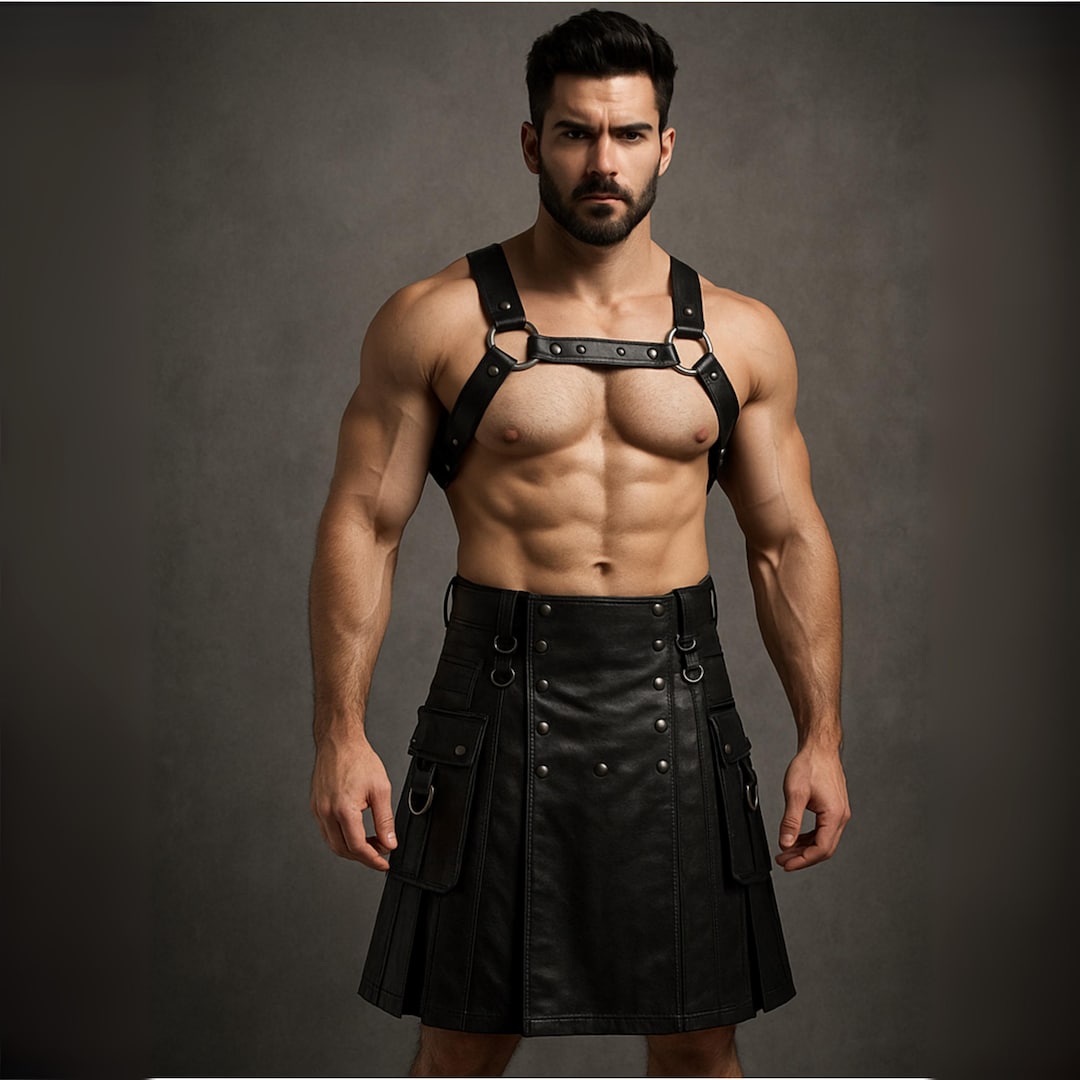 Leather Gladiator Kilt With Chest Harness – Handmade Black Utility Kilt ...