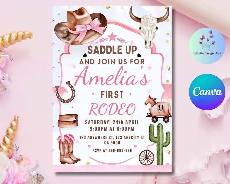 First Rodeo Birthday Invitation, Editable My 1st Rodeo Girl Cowgirl ...