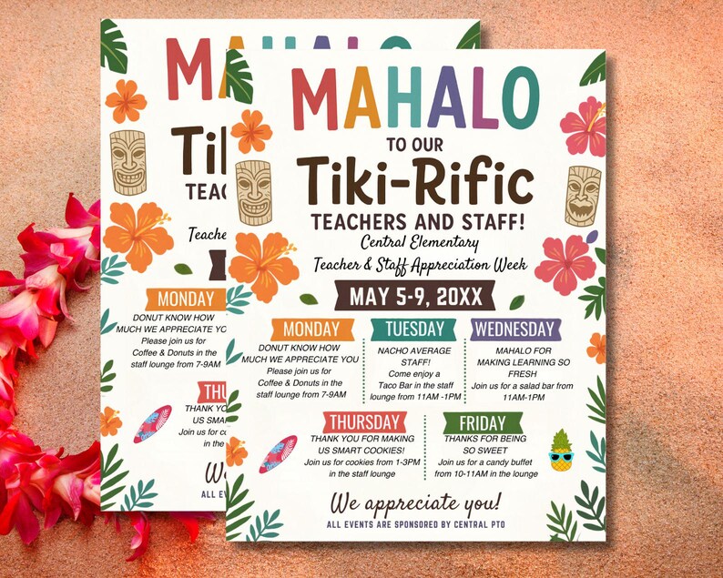 Hawaiian Luau Teacher Appreciation Flyer: Mahalo Itinerary (canva ...