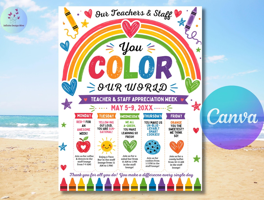 Rainbow Teacher Appreciation Week Coloring Itinerary Flyer (canva ...