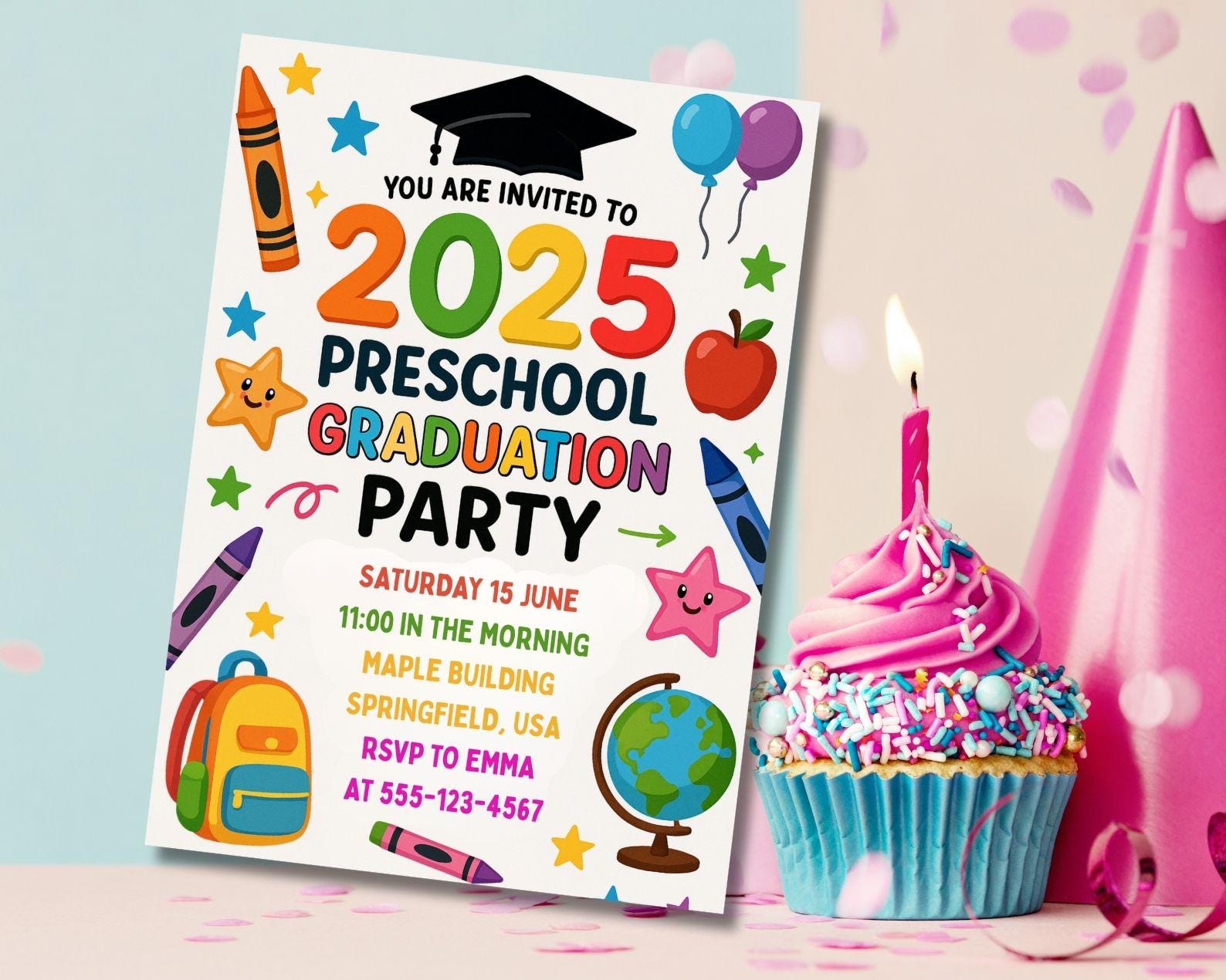 Editable Preschool Graduation Invitation: Colorful Party Invite ...