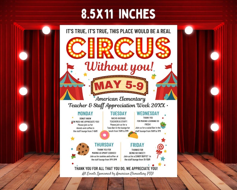 Circus Teacher Appreciation Week Itinerary Flyer (canva Template) - Etsy