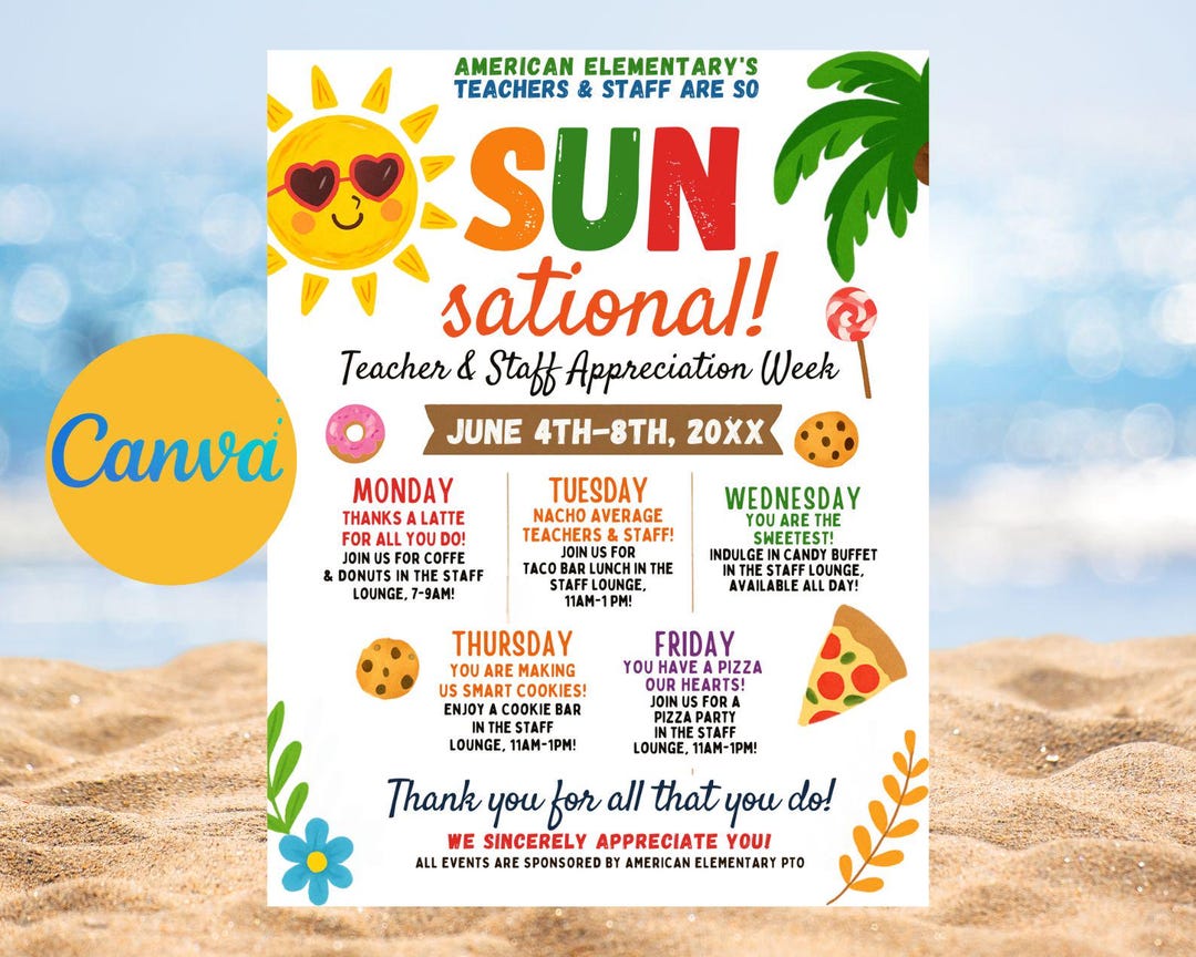 Editable Beach Theme Teacher & Staff Appreciation Sunsational Itinerary ...