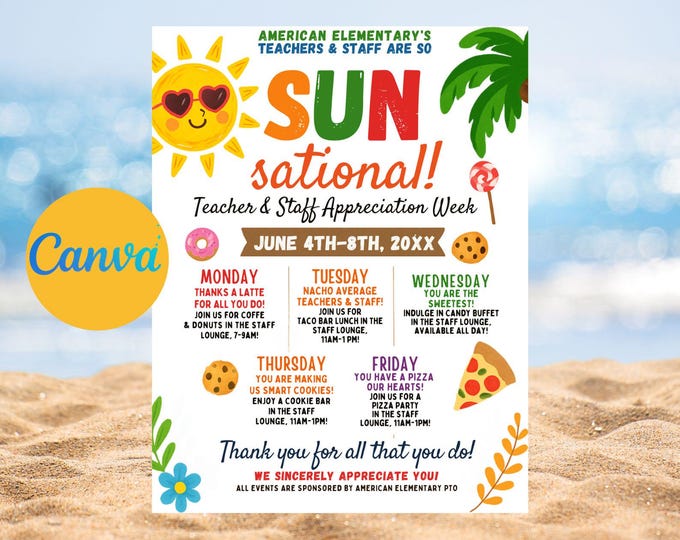 Editable Beach Theme Teacher & Staff Appreciation Sunsational Itinerary ...