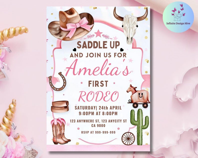 First Rodeo Birthday Invitation, Editable My 1st Rodeo Girl Cowgirl ...