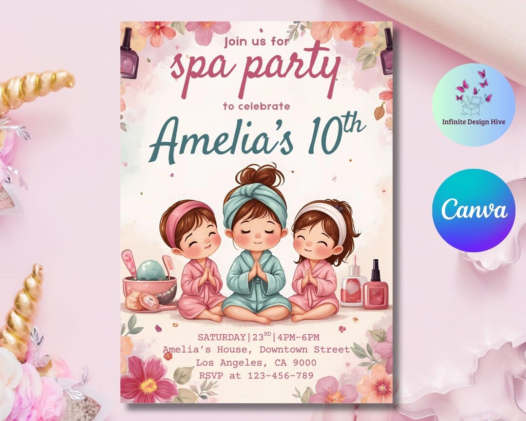 Spa Party Invitation, Editable Tween Birthday Spa Party Invite, Pamper ...