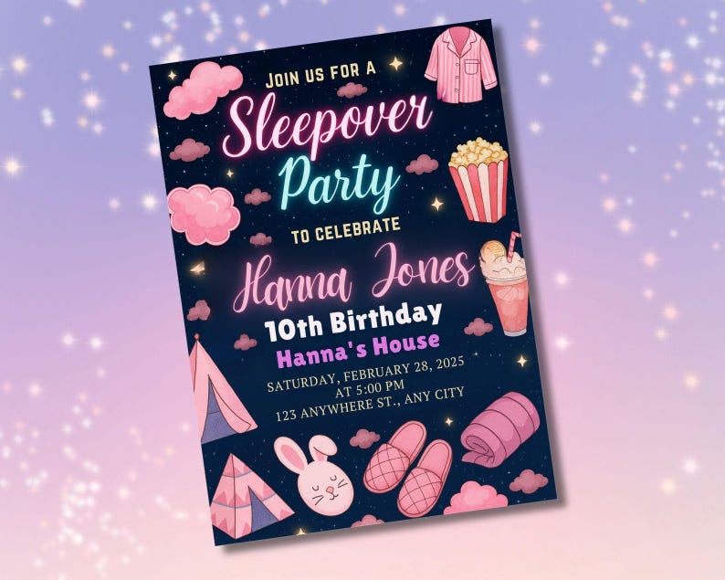 Neon Sleepover Birthday Invitation: Pajama Party Canva Template - Etsy