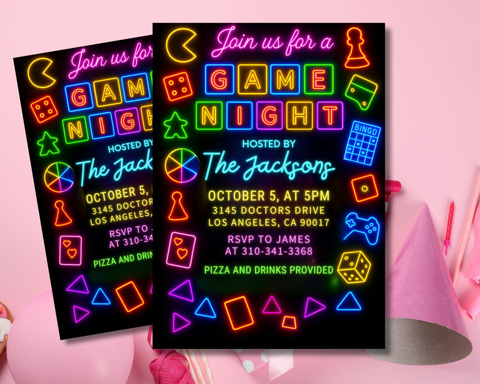 Editable Game Night Invitation: Neon Board Game Party (instant Download ...
