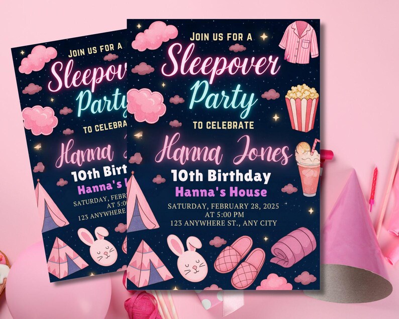 Neon Sleepover Birthday Invitation: Pajama Party Canva Template - Etsy
