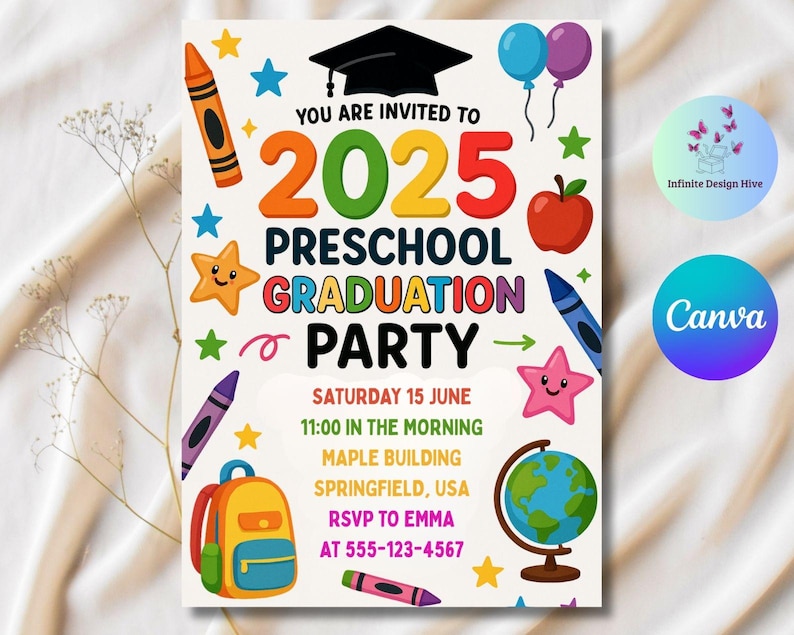 Editable Preschool Graduation Invitation: Colorful Party Invite ...