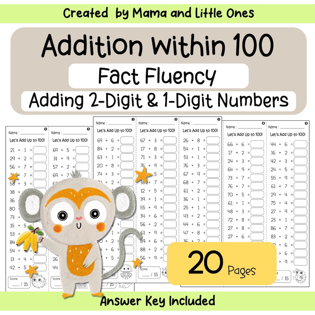 Fact Fluency Addition Within 100 | Addition Timed Test| Adding 2 Digit ...