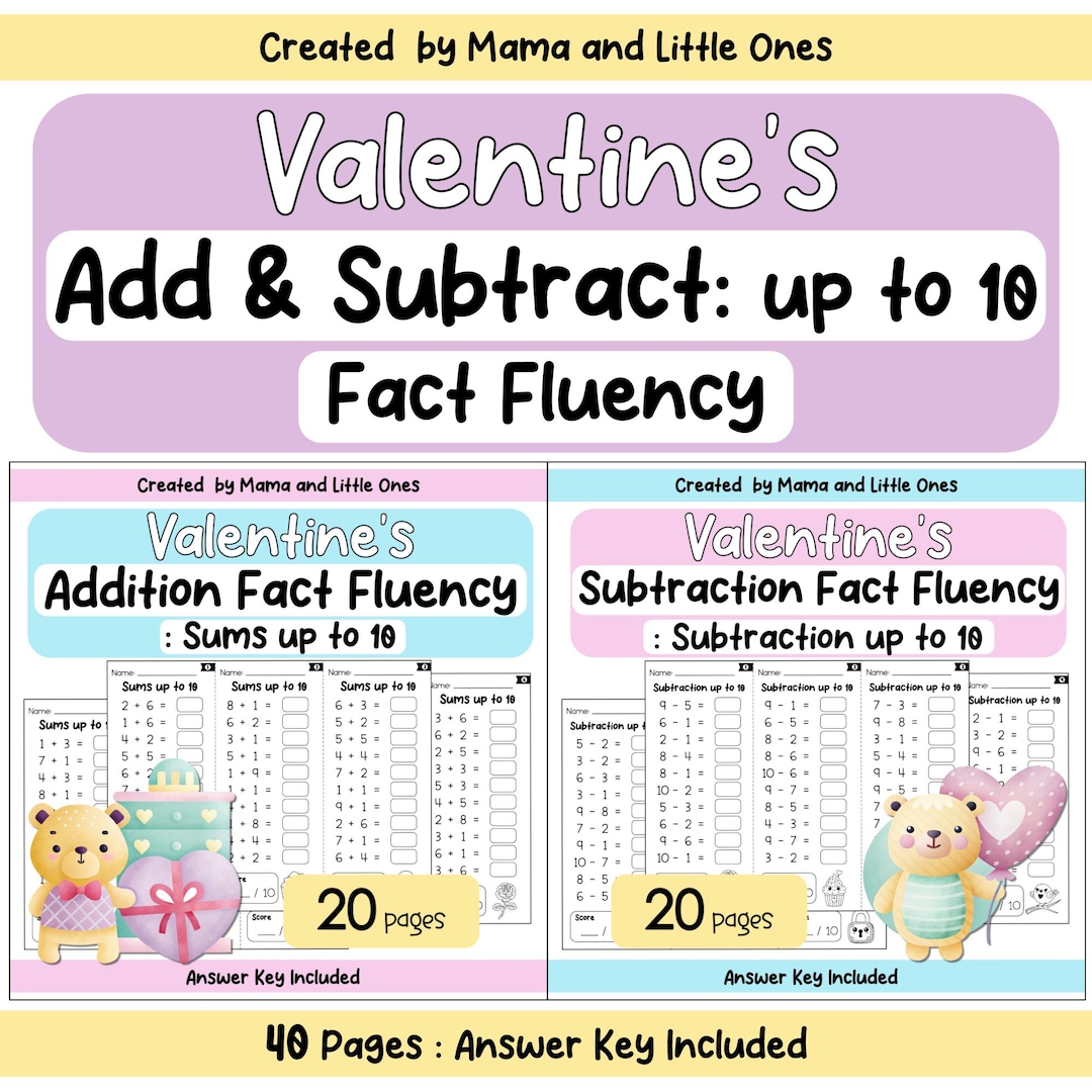 First Grade Math Worksheet | Valentines Addition and Subtraction Fact ...