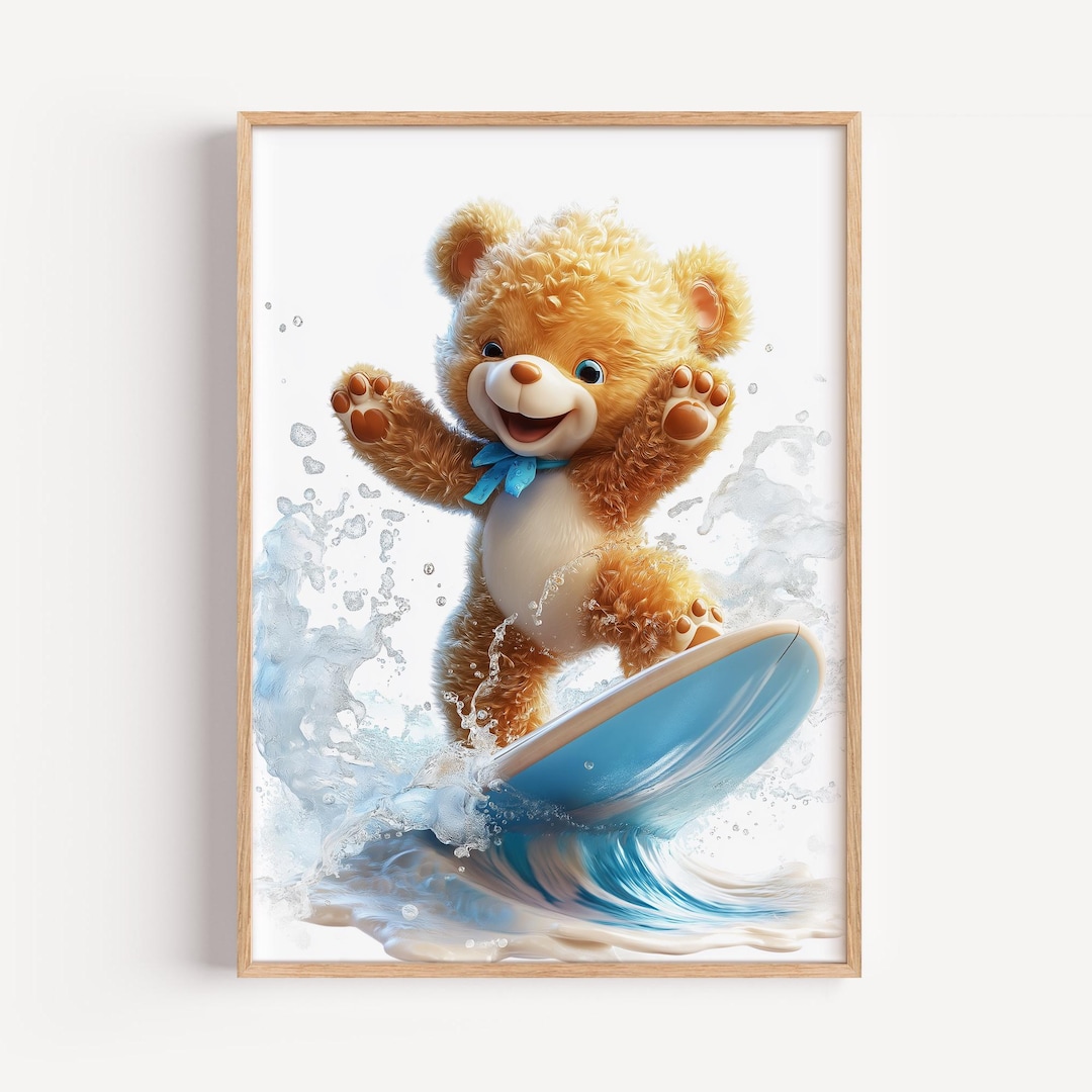 Big Wave Surfing Teddy Bear Digital Print – Surf Nursery Art – Cute ...