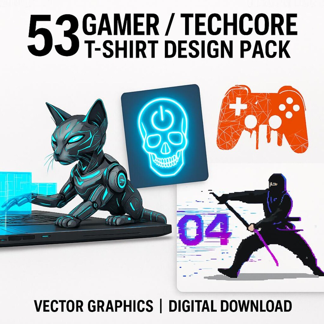 53 Gamer / Techcore T-shirt Design Pack – Digital Vector Graphics for ...