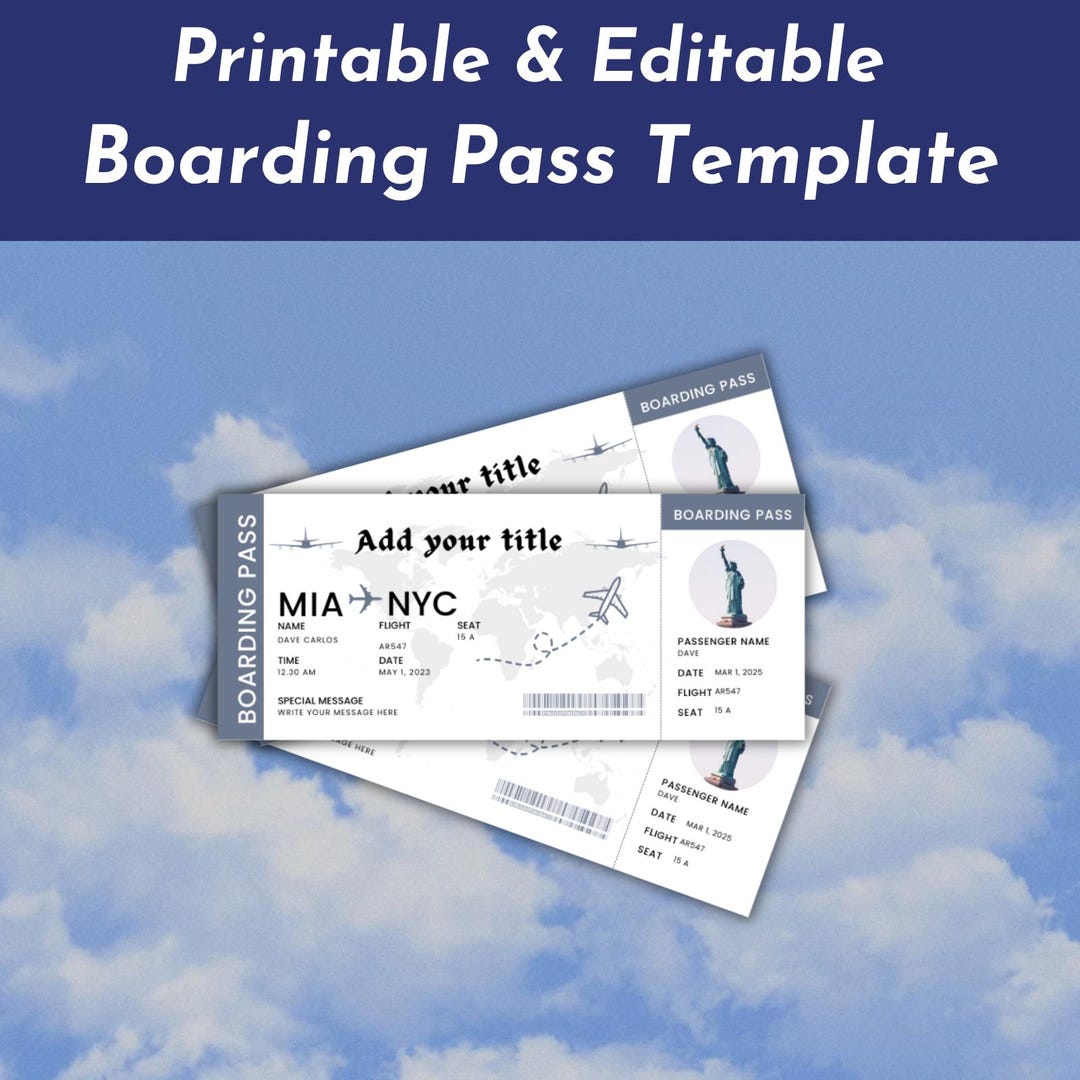 Boarding Pass Template Editable Boarding Pass Custom Plane Ticket ...