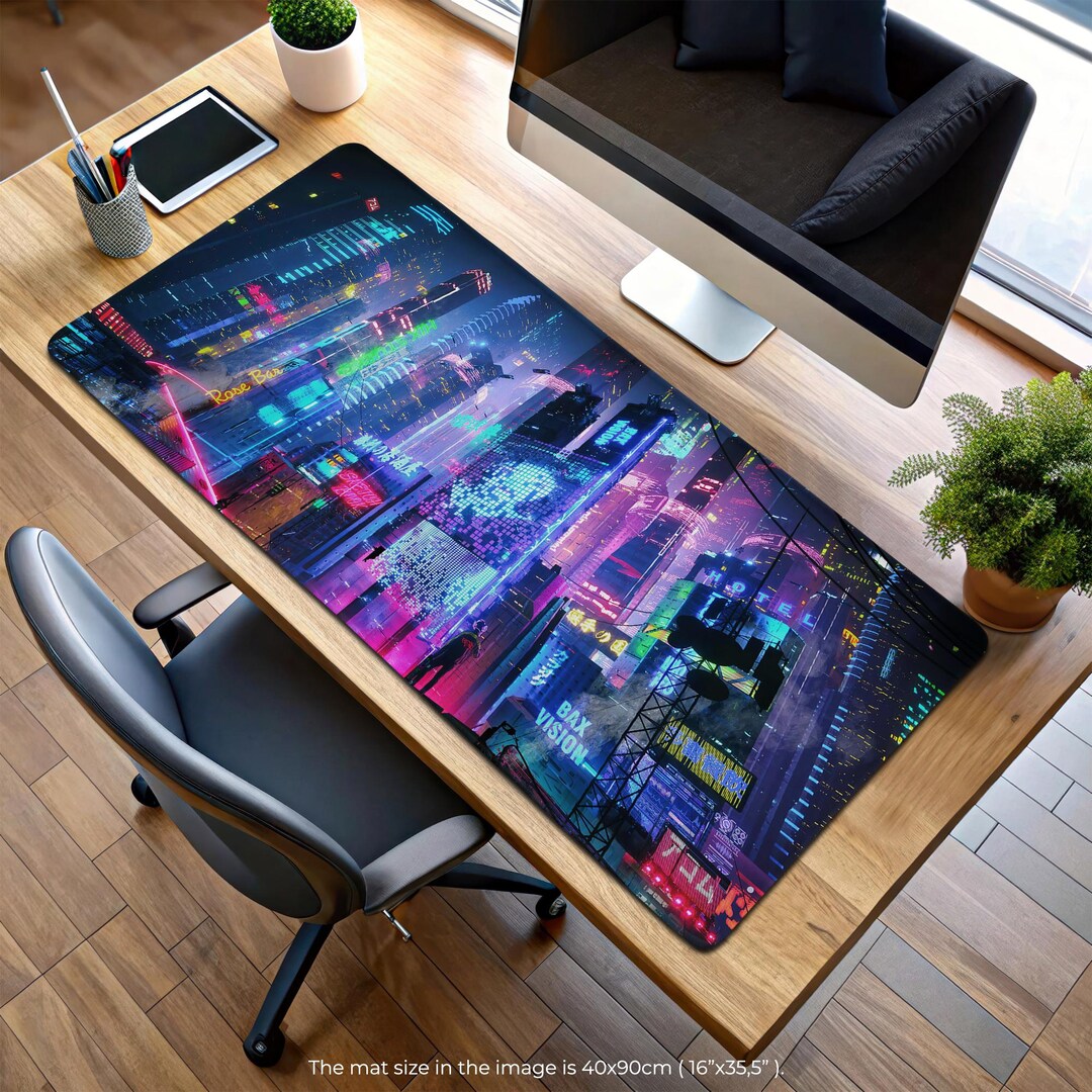Cyberpunk Cityscape Gaming Mouse Pad, Futuristic Neon Desk Mat, Sci-fi ...