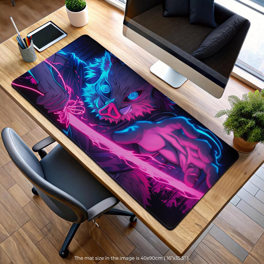 Inosuke Hashibira Neon Desk Mat - Demon Slayer Cyber Samurai Art ...