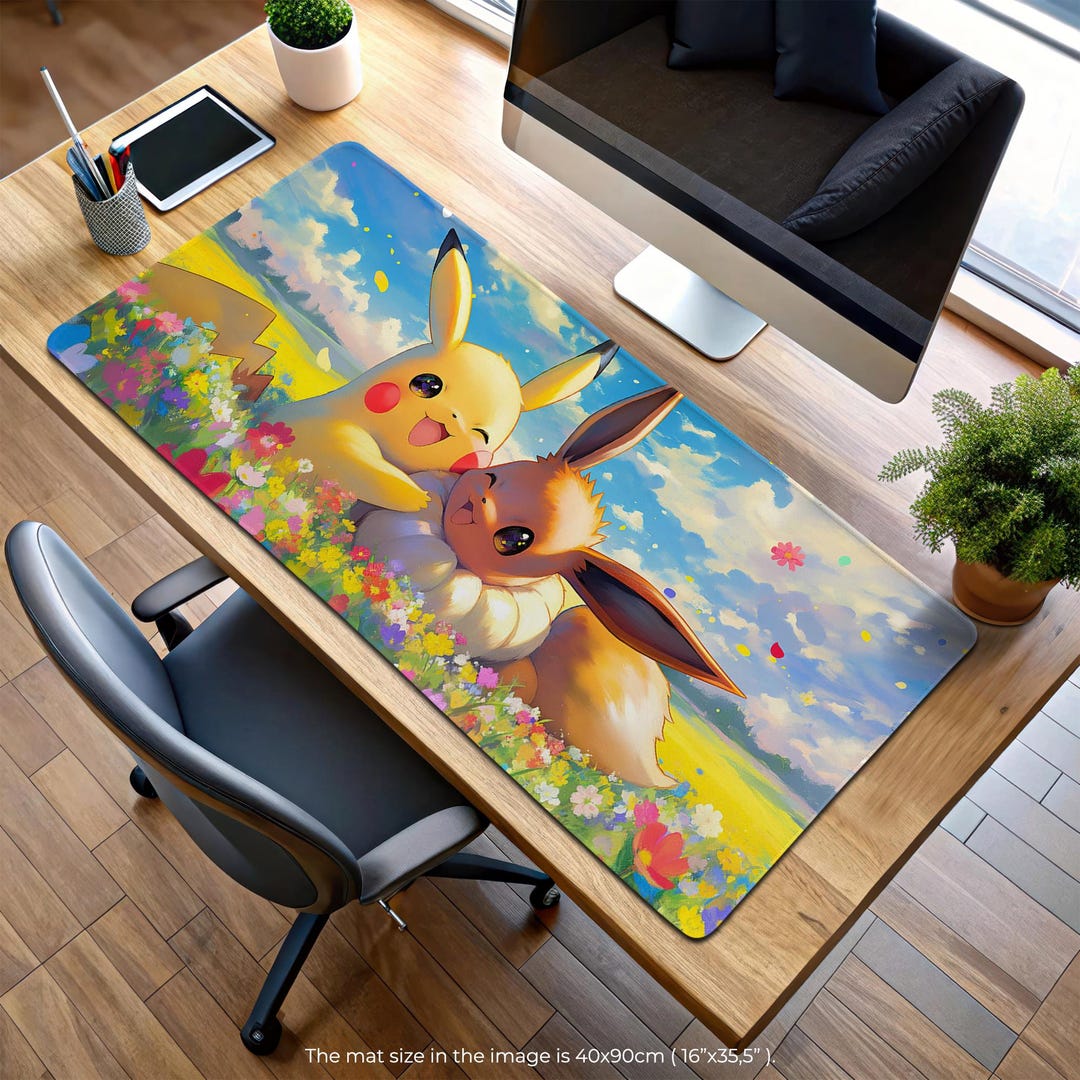 Pikachu and Eevee Gaming Mouse Pad, Cute Pokemon Desk Mat, Sunny Field ...