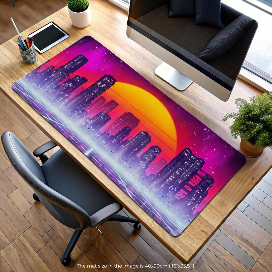 Retro Cyberpunk Gaming Mouse Pad, Neon Cityscape Desk Mat, Vaporwave ...