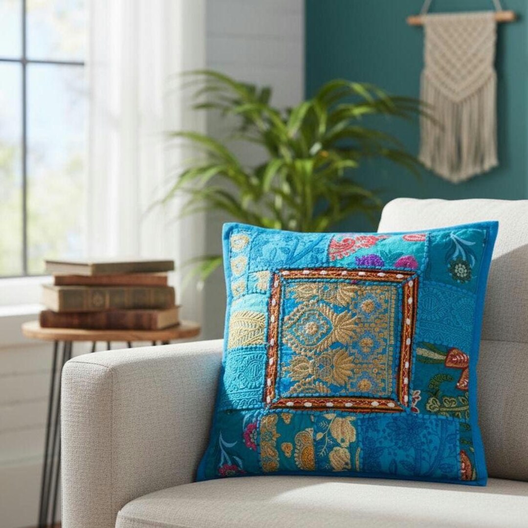 Blue Embroidered Pillow Cover With Golden Zari | Boho Cowrie Shell ...