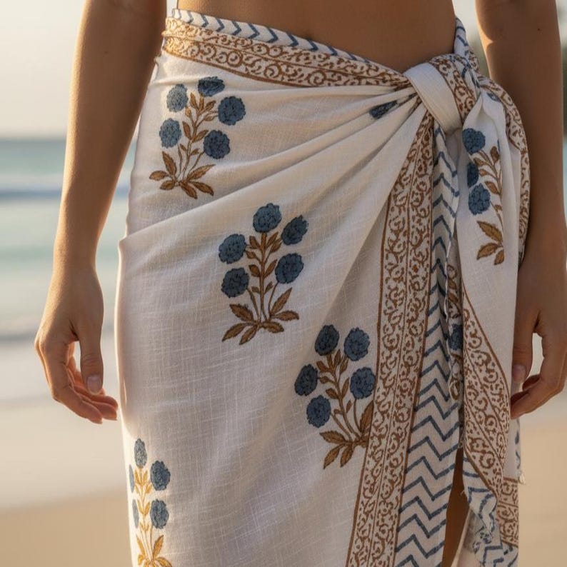 Blue Floral Hand Block Print Cotton Sarong: Boho Beach Wrap - Etsy