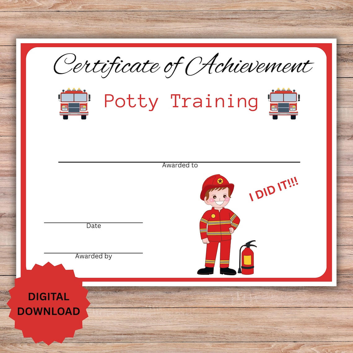 Fireman Potty Training Chart With Certificate of Achievement, Printable ...
