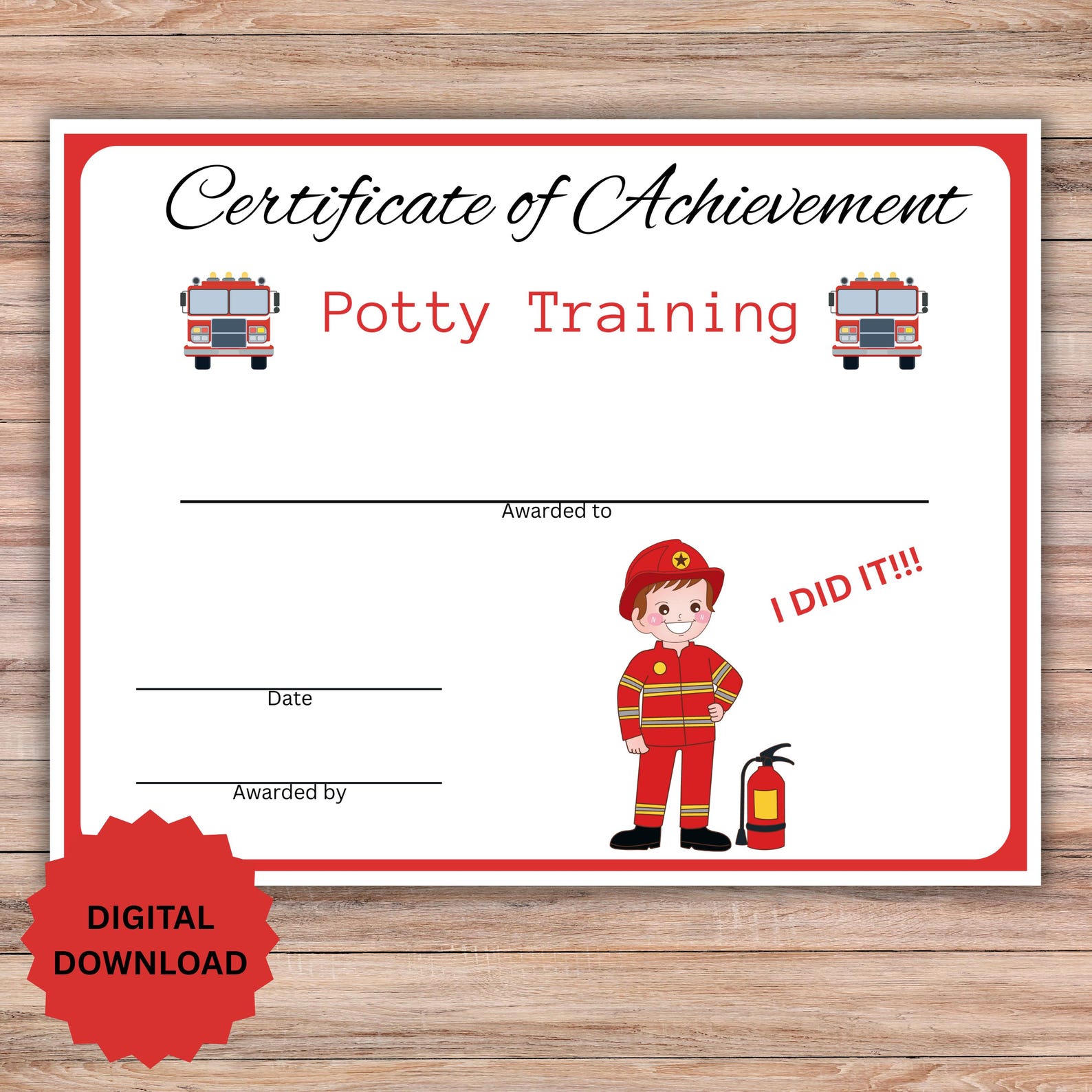 Fireman Potty Training Chart With Certificate of Achievement, Printable ...