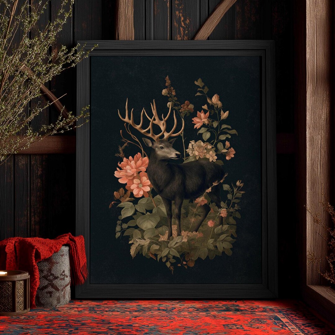 Mystical Stag Print, Gothic Deer Wall Art, Enchanted Forest, Dark ...